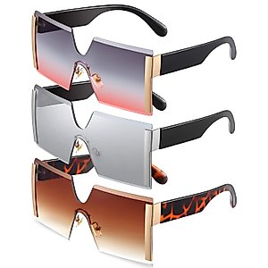 Frienda 3 Pieces Oversized Square Sunglasses for Women Trendy Fashion Rimless Frame Glasses Transparent Eyewear (Silver, Brown, Gray and Pink)