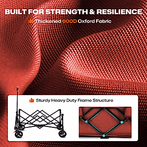 Overmont Collapsible Wagon Cart with Wheels - Foldable Heavy Duty Wagon with Big All-Terrain Wheels - 330Lbs Weight Capacity with Side Pockets for Camping Sports Garden Grocery Shopping red