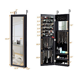 Giantex Jewelry Armoire Cabinet Wall Door Mounted with Full Length Mirror, Jewelry Organizer with Makeup Mirror, Ring Earring Slots, Necklace Hooks, Large Capacity Storage Jewelry Armoire (Black)
