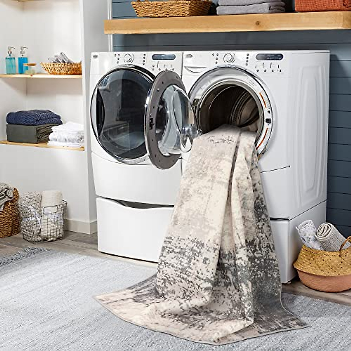 Art&Tuft Washable Rug, Anti-Slip Backing Abstract Area Rug 5x7, Stain Resistant Rugs for Living Room, Foldable Machine Washable Area Rug (TPR22-Green/Grey, 5'x7')