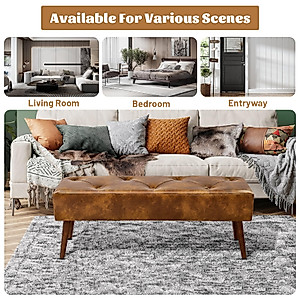 Furniliving 44 Inch Tufted Leather Bench, Leather Footrest Stool Bedroom Bench Seat, Upholstered Tufted Beathable Fabrics Ottoman Bench with X-Shaped Wood Legs for Kitchen, Solid Wood Indoor Bench