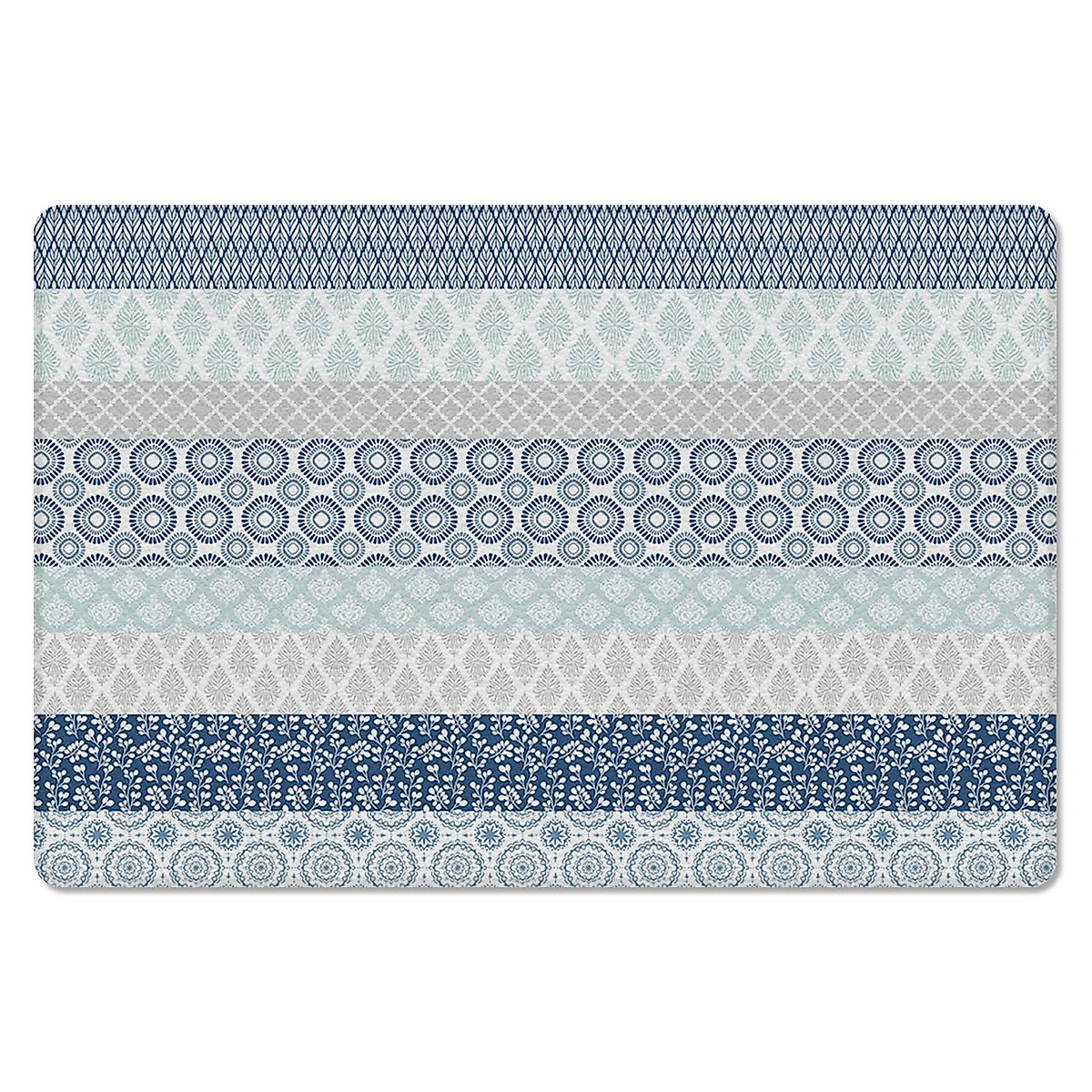 Bohemia Antifatigue Kitchen Bath Door Mat Cushioned Runner Rug,Washable Welcome Floor Sink Mat,Waterproof Comfort Standing Doormat for Kitchen,Blue Grey Boho Tribal Paisley Flower Plaid 24"x36"