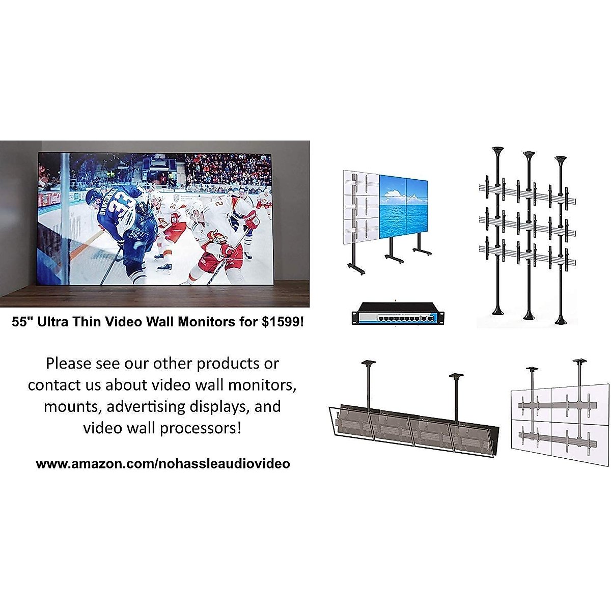 2x2 Video Wall Pop Out Mounting System Horizontal Rails Four Fixed Displays with with Micro Adjustment Arms Vesa Universal TV Television Monitors Modular