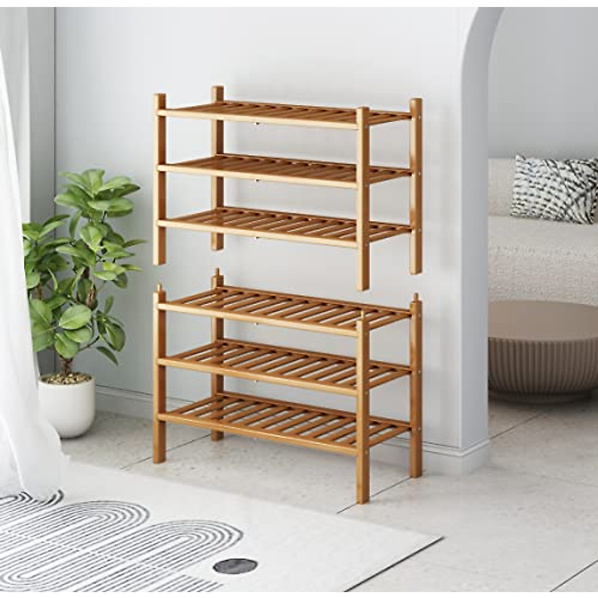 KSKSPE 4-Tier Free Standing Shoe Racks, Stackable | Beautiful | Natural | Functional | Sturdy, Bamboo Shoe Rack For Hallway Closet Living Room Entryway Organizer (4-Tier)