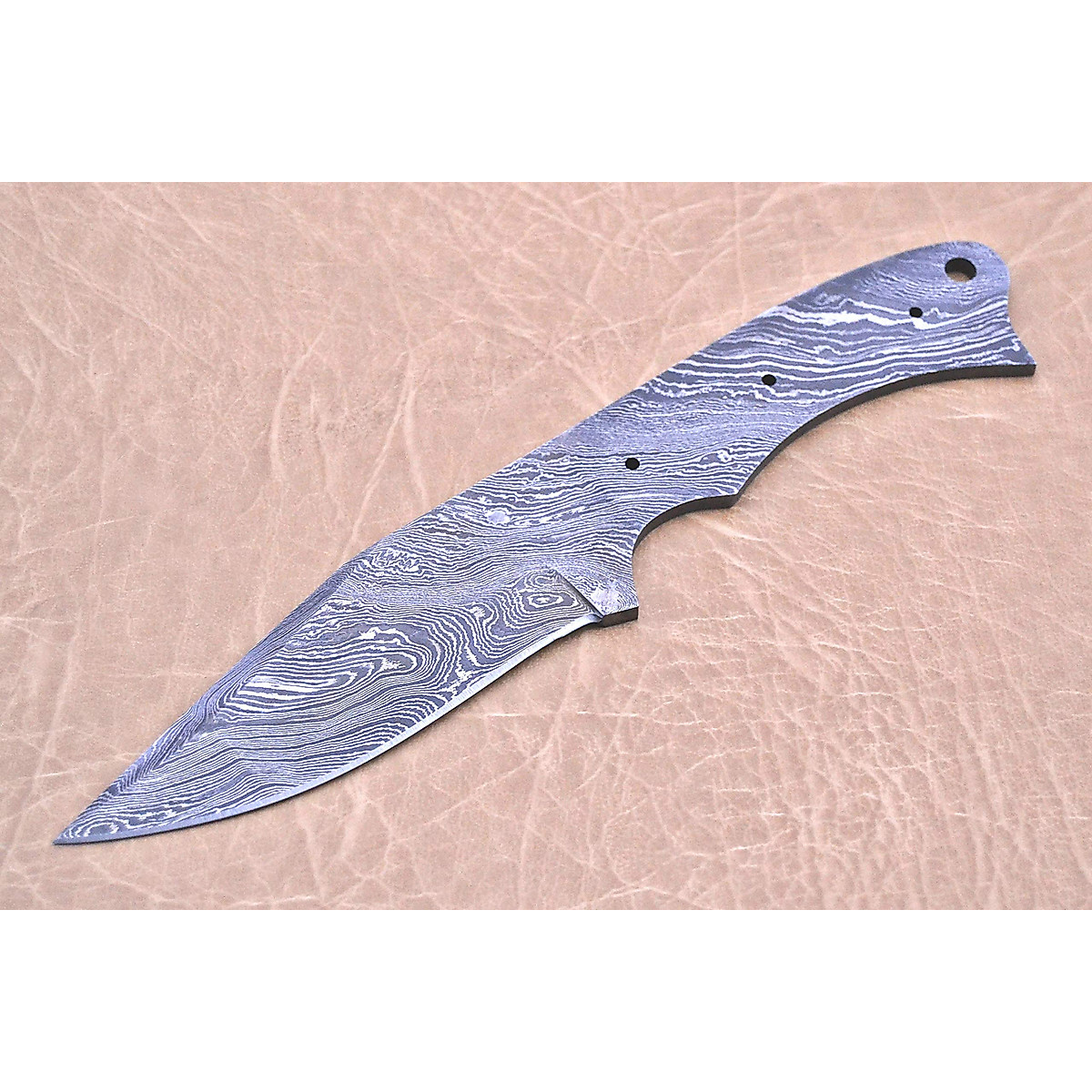 Knife Making, Damascus Steel Blank Blade 8.25 inches Long Hand Forged Skinning Knife with 3 Pin Hole & an Inserting Hole Space 4 inches Cutting Edge
