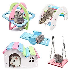 Dwarf Hamsters House DIY Wooden Gerbil Hideout Rainbow Bridge Swing and PVC Seesaw, Pet Sport Exercise Toys Set, Sugar Glider Syrian Hamster Cage Accessories, Suitable for Small Animal Habitat