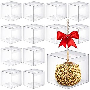 Juexica 100 Pcs Clear Caramel Apple Boxes with Hole Transparent Candy Apple Boxes PET Gift Boxes for Chocolate Wedding Ornaments Boxes, 4x4x4 Inch