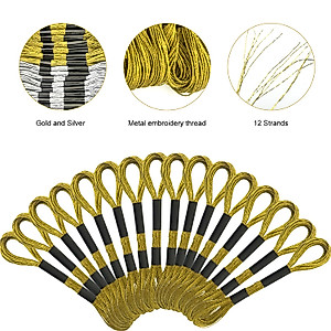 levylisa 24 Skeins Metallic Embroidery Thread Embroidery Floss-Cross Stitch Threads for Embroidery and Decorative Sewing （Gold+Silver）