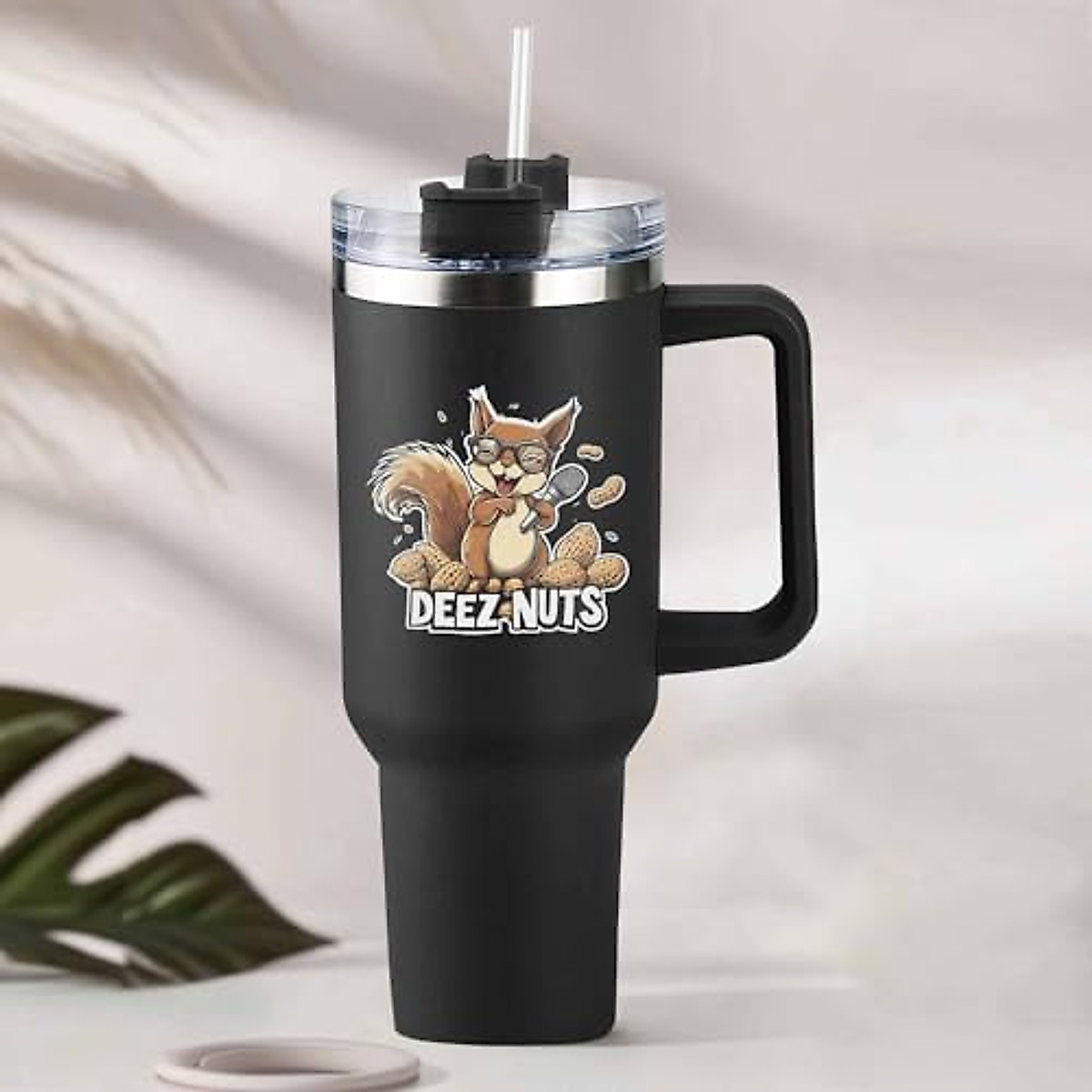 LB LEOBON 40 ounce insulated cup with handle, double-layer vacuum stainless steel material, equipped with straw, can keep warm or maintain cold drinks Cartoon,Cartoon,Digital Illustration, black