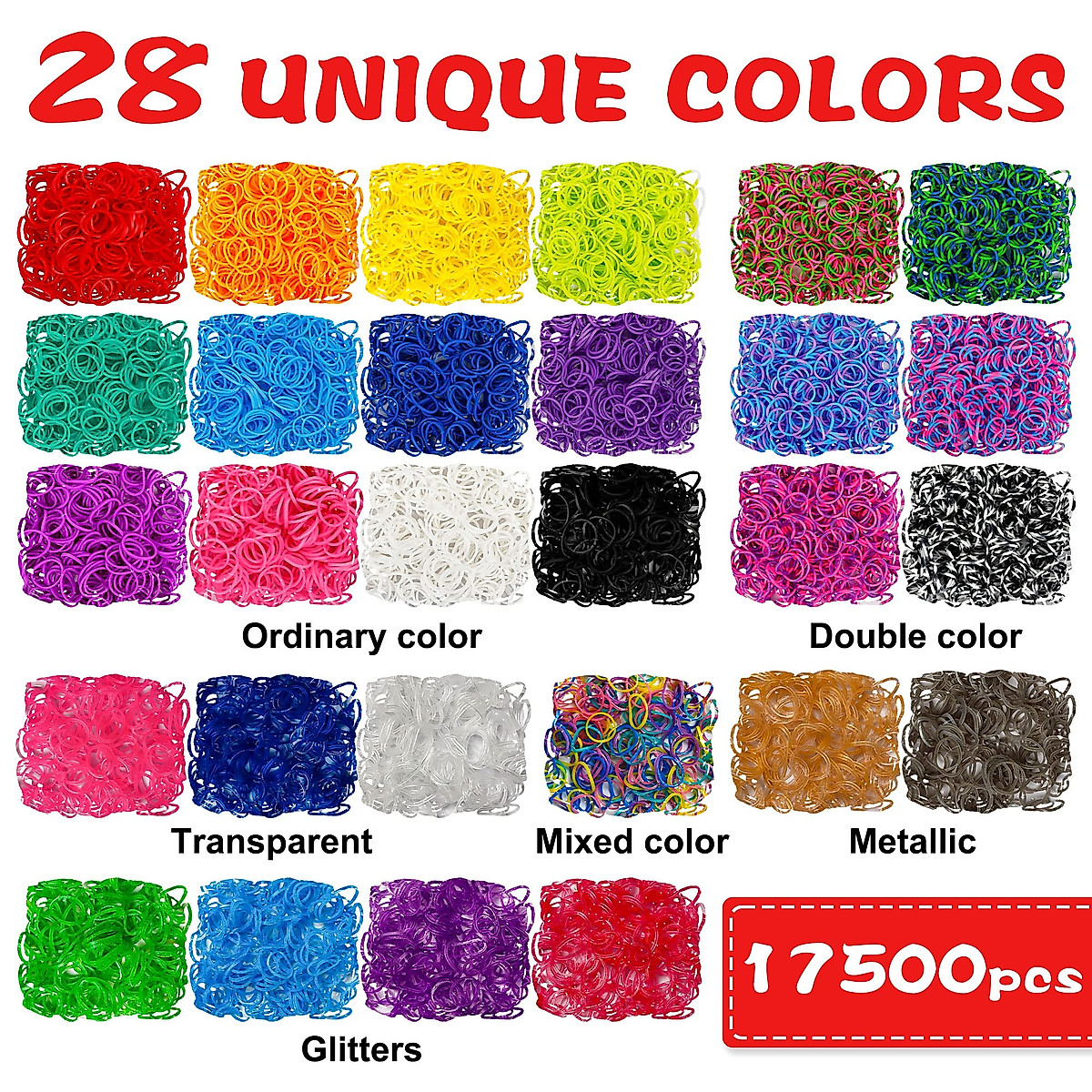 INSCRAFT 17500+ Rubber Loom Bands with 3 Layer Container, 28 Colors, 600 S-Clips, 352 Beads, 40 Cartoon Pendant, Bracelet Making Refill Kit for Kids