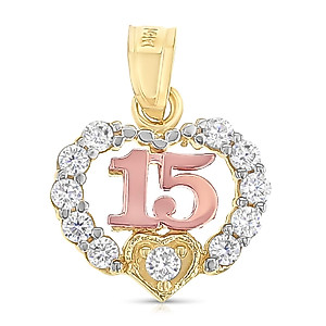 Ioka 14K Two Tone Gold Sweet 15 Years Quinceanera Heart Cubic Zirconia CZ Charm Pendant with 1.5mm Valentino Chain Necklace - 18"