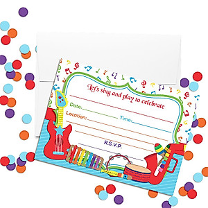 Musical Instruments Sing and Play Themed Birthday Party Invitations, 20 5x7 Fill In Cards with Twenty White Envelopes by AmandaCreation