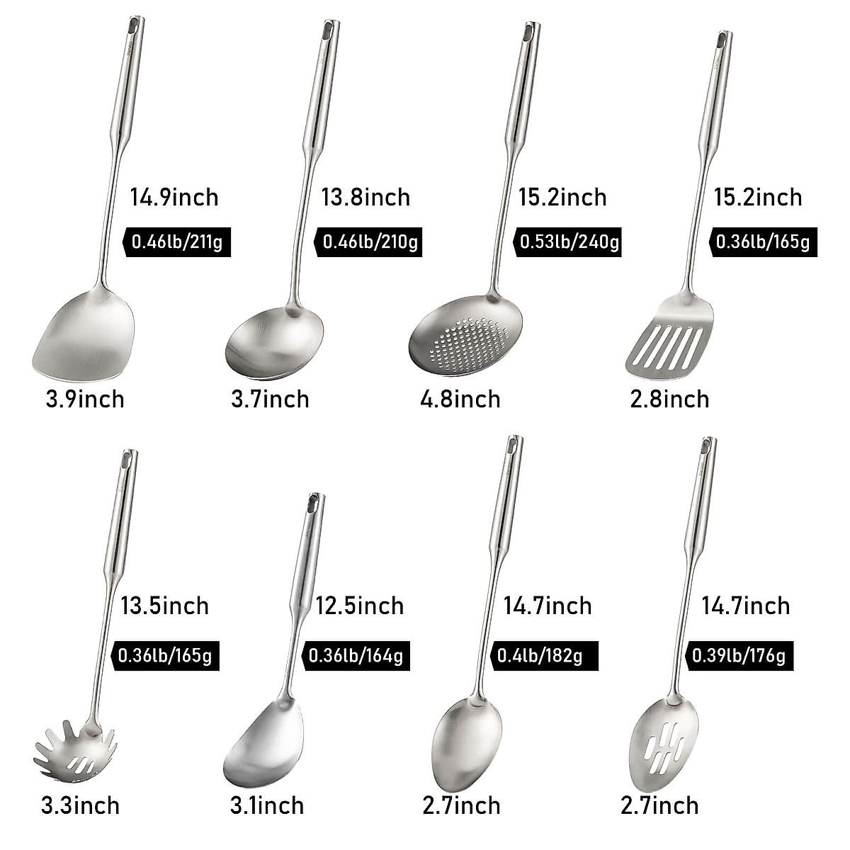 304 Stainless Steel Kitchen Utensils Set - 8 PCS All Metal Cooking Tools with Spatula, Solid Spoon, Slotted Spoon, Ladle, Skimmer Slotted Spoon, Slotted Spatula Tunner, Spaghetti Spoon, Large Spoon