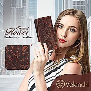 LEVOGUE RFID Flower embossed Leather Wallet for Women-Multi Credit Card Slots,Mobile case Coin Purse with ID Window-by VALENCHI (Cognac Vintage)