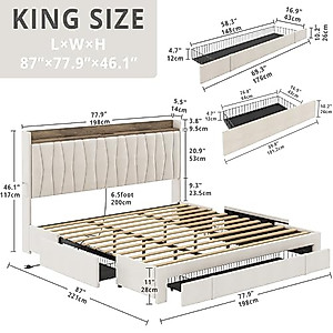 ANCTOR King Size Bed Frame with Storage Headboard and Charging Station, Upholstered Platform Bed with 3 Drawers, No Box Spring Needed, Easy Assembly, Beige