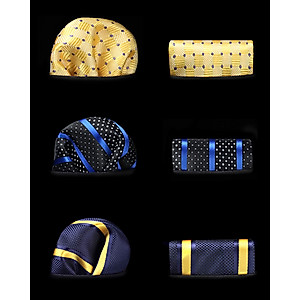 HISDERN Mens Ties Set Extra Long Ties and Pocket Square Set Navy Blue Yellow Necktie Handkerchief 63 Inch XL Silk Neckties Collection 3 Pack Wedding