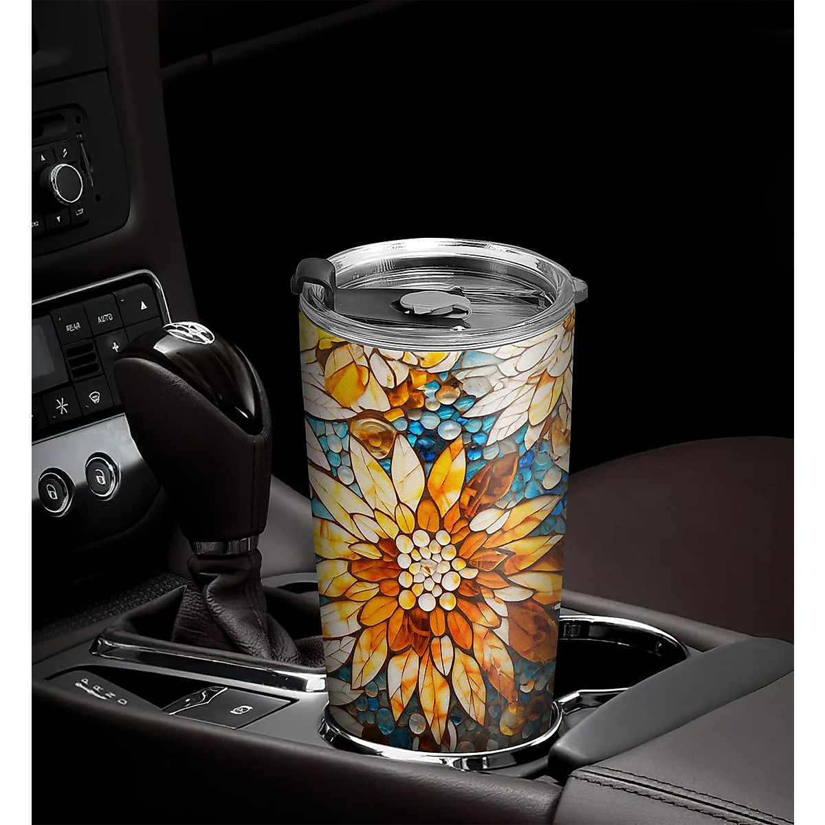 ORCAE 20oz Beautiful Colorful Daisy Flower, Stained Glass Style Flowers, Yellow Flower Tumbler Cup, Insulated Travel Mug with Lid, Coffee Thermos for Men, Women, Gifts for Women - C