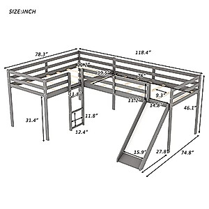 Myshle Twin Loft Bed for Kids, L-Shape Loft Beds with Slide,Low Loft Bed Frame Corner Bunk Bed Wooden Loft Bed for Girls Boys Teens,Gray