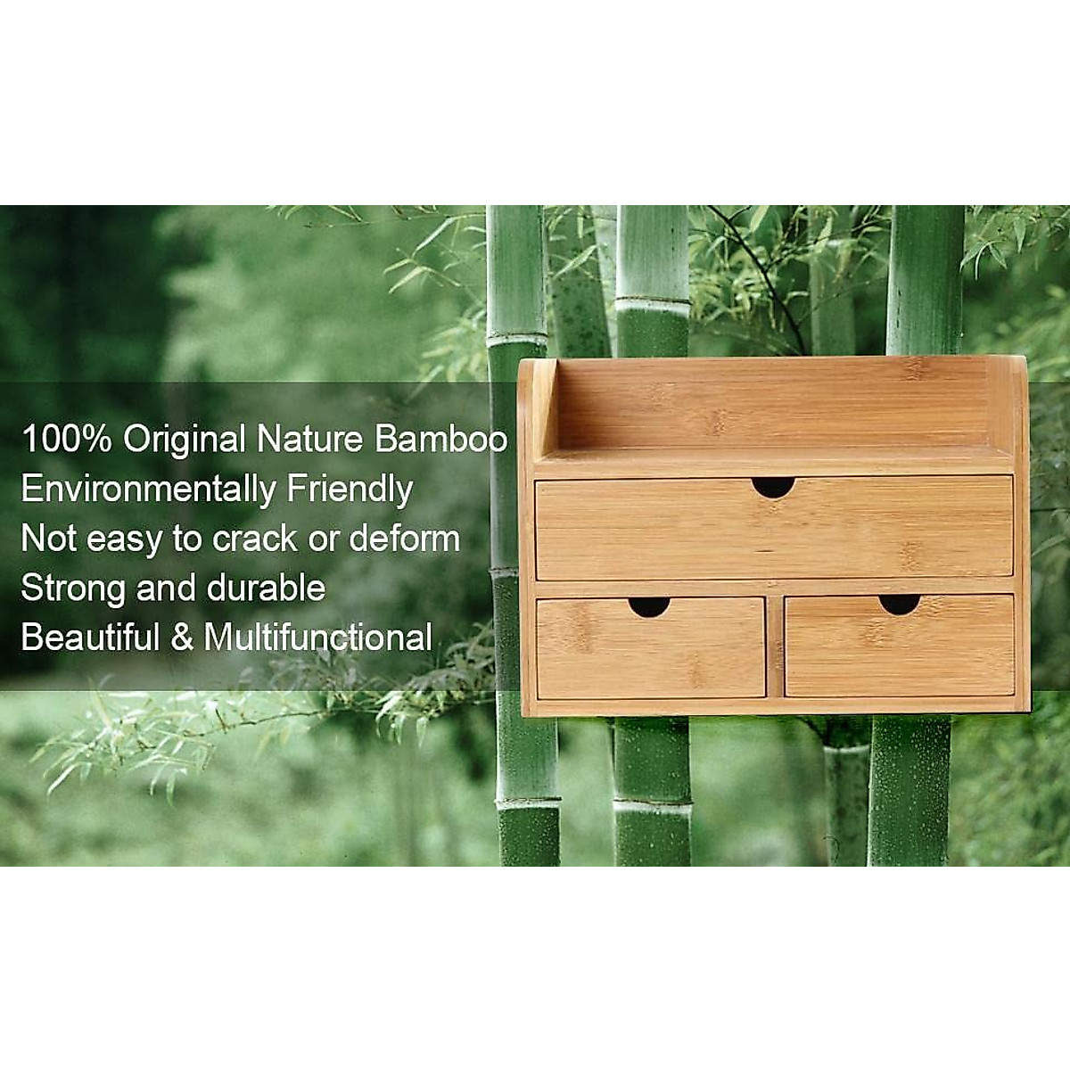 LifeSpace. Bamboo Makeup Organizer, Wooden Bathroom Counter Organizer, Vanity Wood Makeup Organizer with Drawers, Bedside Table Organizer Womens for Skin Care Cosmetics. No Assembly Required.