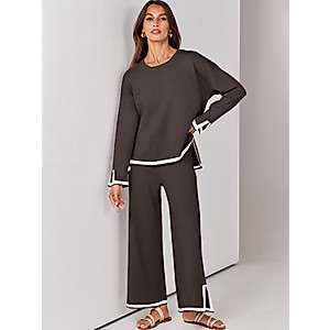 ANRABESS Women's Two Piece Outfits Long Sleeve Knit Pullover Sweater Tops & Wide leg Pants Casual Lounge Matching Sweatsuit Tracksuits Sets Coffee Large