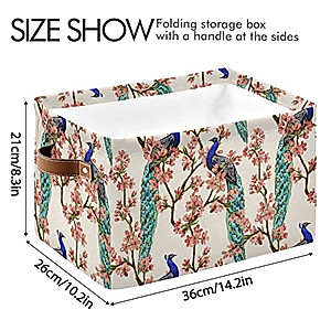 ALAZA Peacock Tropical Cherry Blossom Flower Large Storage Basket with Handles Foldable Decorative 1 Pack Storage Bin Box for Organizing Living Room Shelves Office Closet Clothes