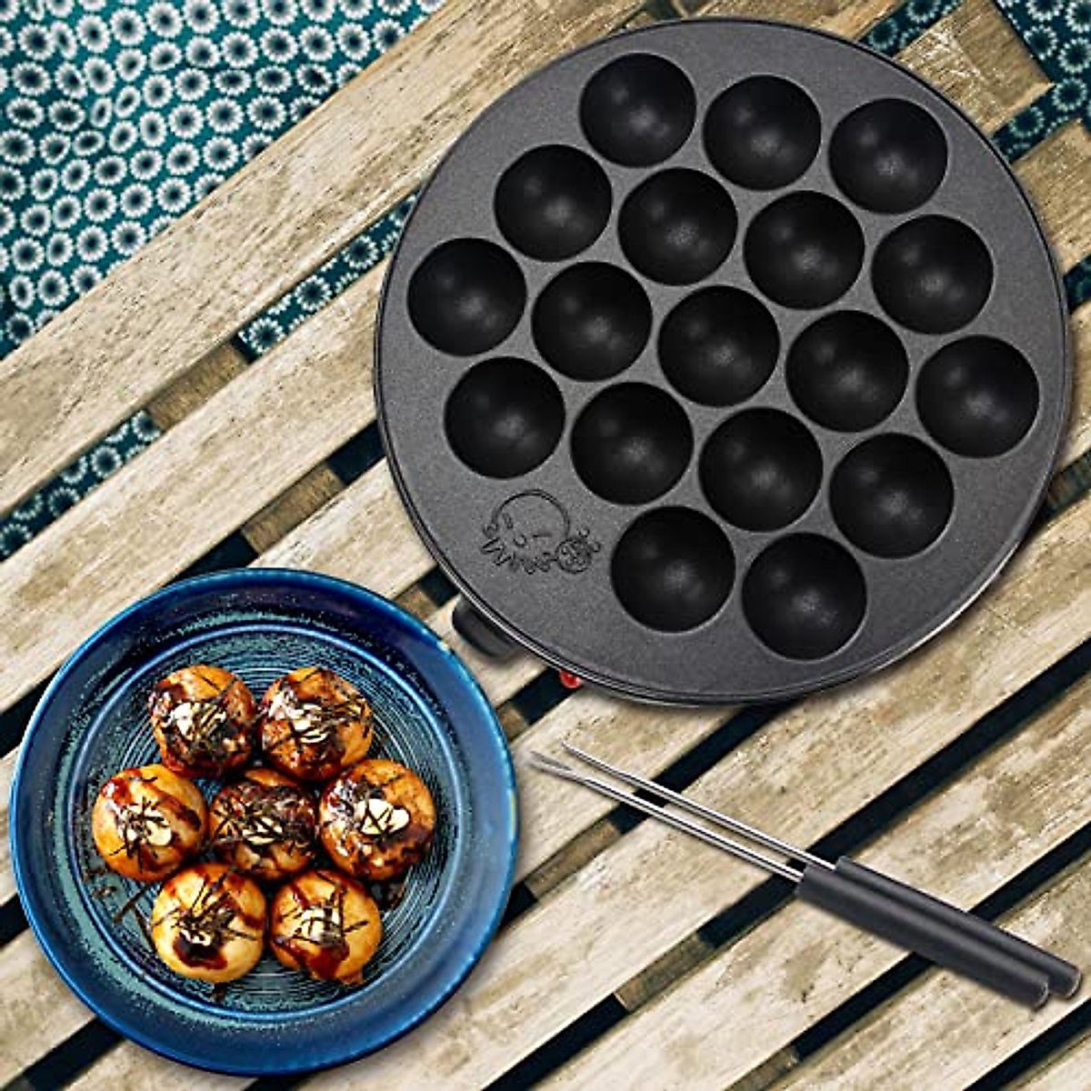 FineMade Takoyaki Maker Pan with Temperature Control, Tools and Recipes, Make 18 Japanese Octopus Balls at once, Easy to Use and Store