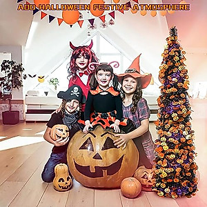 Halloween Pumpkin Tree with 50 Lights,5ft Pop Up Pencil Collapsible Tinsel Halloween Christmas Trees Decorations Indoor for Home Door Porch Bedroom Decor Holiday Party,WOKEISE