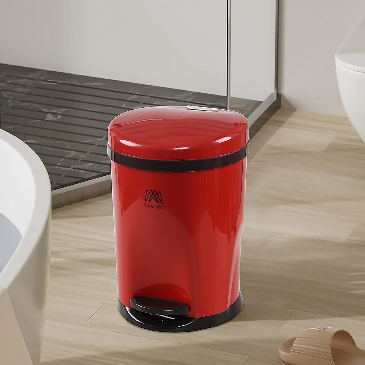 Morcte Plastic Round Step-On Trash Can, 2.8 Gallon Small Wastebasket with Lid, Red