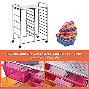KOTEK 15-Drawer Rolling Storage Cart, Multipurpose Mobile Utility Cart with 4 Wheels, Home Office School Tools Scrapbook Paper Organizer (Multicolor)