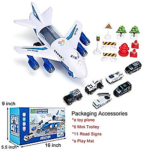 Car Toys Set with Transport Cargo Airplane and Large Play Mat, Mini Educational Vehicle Police Car Set for Kids Toddlers Boys Child Gift for 3 4 5 6 Years Old, 6 Cars, Large Plane, 11 Road Signs