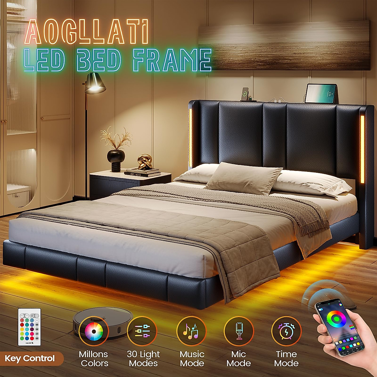 AOGLLATI Floating Bed Frame Full with LED Light and 2 USB Charging Station, Upholstered Platform Bed Frame Full Size with Heavy Wooden Slats Support, No Box Spring Needed