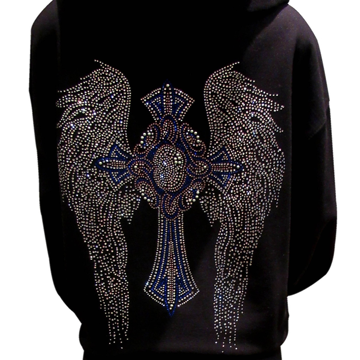 Multicolor Rhinestone Cross and Angel Wings Black Zipper Hoodie(XL)
