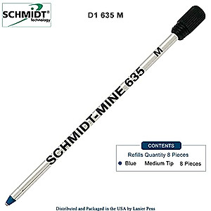 8 X Schmidt 635M Mini Ball Pen D1 Size Refills – Blue Ink and one Removable Black end Cap.