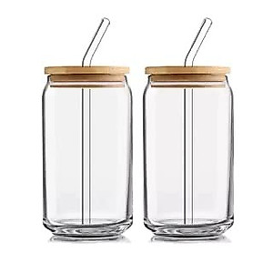 Can Shaped Drinking Glass With Bamboo Lids and Straw, 16 Oz, 4 pcs Set, Beer Can Shaped Glass Cups,Reusable Glass for Water, Wine, Juice, for Cocktail, Soda, Tea, Whiskey