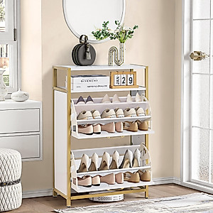 VECELO Shoe Storage Cabinet with 2 Flip Drawers for Entryway, Modern Slim Hidden Freestanding Organizer with Metal Legs for Hallway, Living Room, Large Capacity, Suit for Size to 8, White