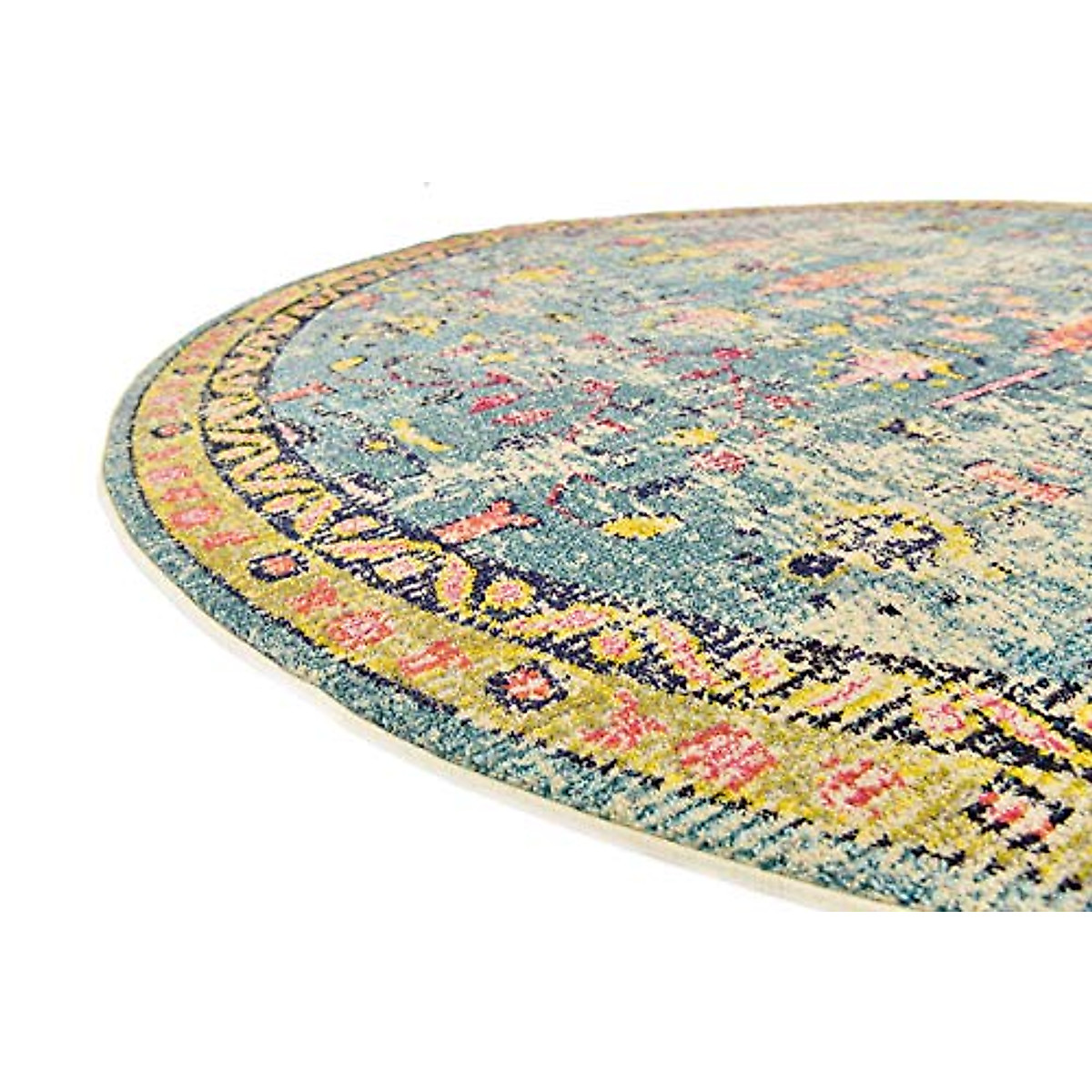 Unique Loom Monterey Collection Vintage Bohemian Inspired with Distressed Tribal Design Area Rug, Round 8' 0" x 8' 0", Blue/Yellow