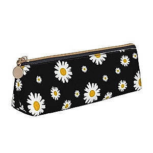 Ykklima White Yellow Daisy Flower Black Leather Pencil Case Zipper Pen Makeup Cosmetic Holder Pouch Stationery Bag for School, Work, Office