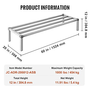 VEVOR Aluminum Dunnage Rack, 60” x 20” Commercial Food Floor Rack, 12” Off The Floor, 1000 lbs Capacity All-Welded Aluminum Storage Rack, for Storage in Restaurants, Kitchens, Garages and Vehicles