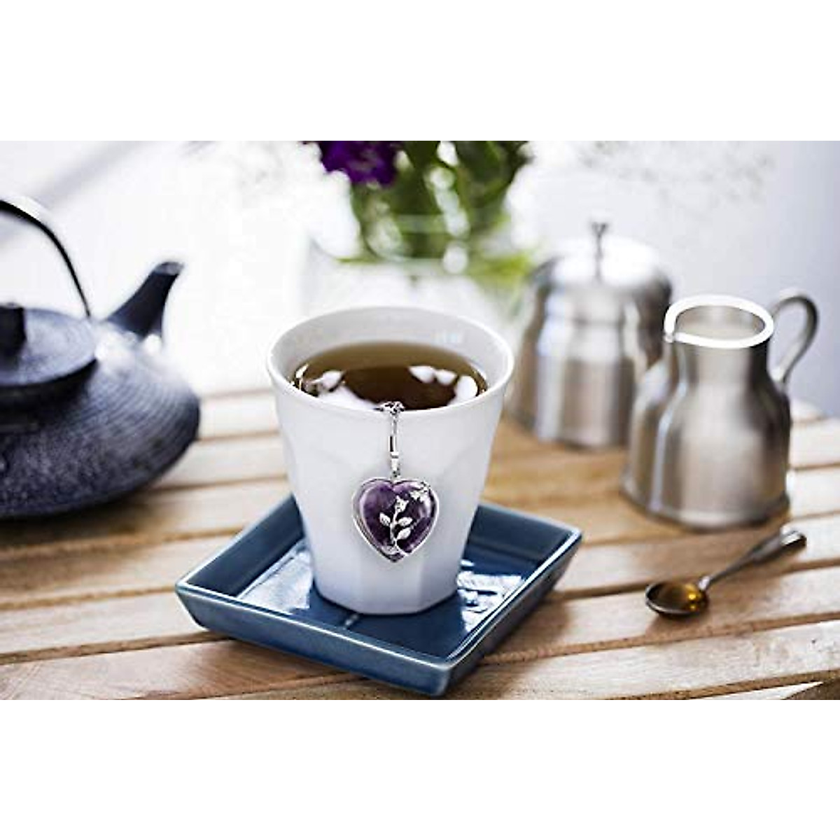 TeaSanavie Tea Infuser Tea Strainers for Loose Tea Amethyst Crystal Heart Pendant Tea Filter Infinity Love Heart Handmade Gemstone Tea Ball with Extended Chain Hook for Brew Fine Loose Tea Gift