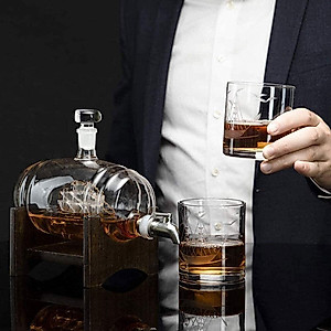 Wine Decanter Set Glass Decanter Whiskey Decanter 1000Ml Decanters Sailing Ship Stainless Steel Spigot Liquor Dispenser Wooden Stand with Faucet 1101