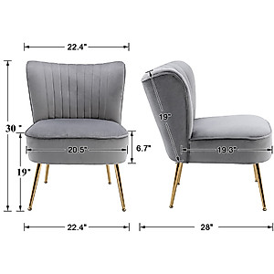 DUOMAY Modern Accent Chair Set of 2 Velvet Slipper Chair with Gold Legs Wingback Side Chair for Living Room Bedroom Entryway Small Corner Chair for Space Saving, Grey