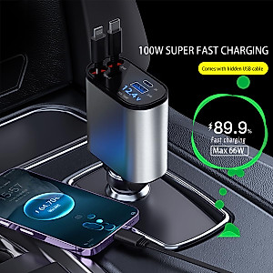 Kwak's Retractable Car Charger,100W Car Charger USB C, Car Charger Adapter with Retractable Cable,Car Charger Fast Charging Compatible with iPhone 15/15 Pro Max/14 Pro(Type C+Lightning)