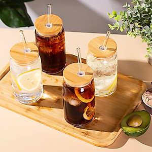 SUNNOW Vastto 16 Ounce Glass Cups with Bamboo Lids and Straws,Can Tumbler Glasses,Iced Coffee Cups for Home Dinning, Bar and Party,Set of 4