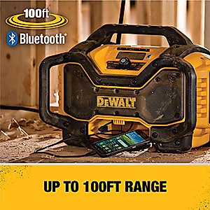 DEWALT 20V MAX Bluetooth Radio, 100 ft Range, Battery and AC Power Cord Included, Portable for Jobsites (DCR025)