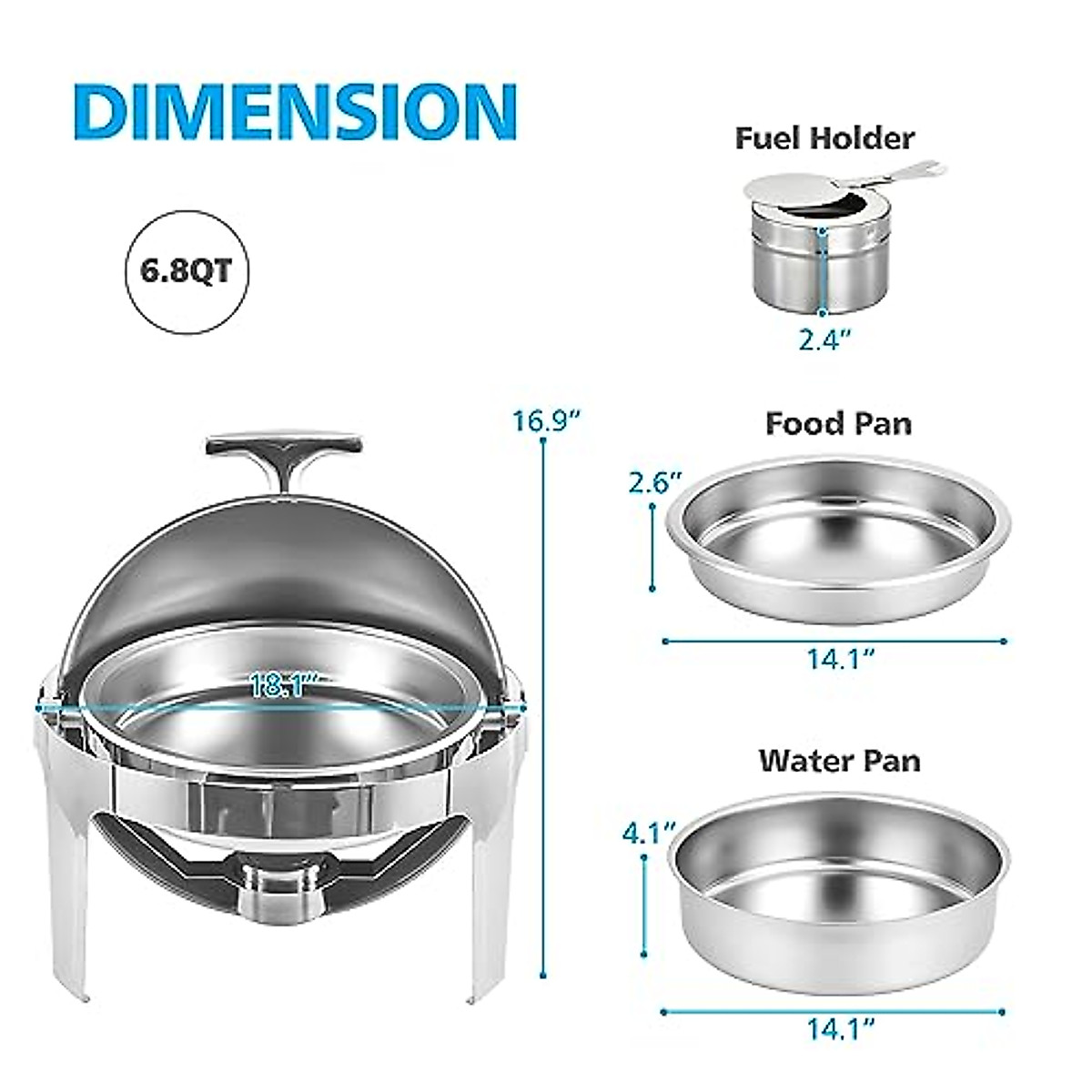 Roll Top Chafing Dish Buffet Set, 6.8 Quart Full Size Pan Chafer, Round Stainless Steel Set, for Wedding, Parties, Banquet, Catering Event, 1 Pack