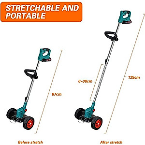 Cordless String Trimmer, 21V Grass Trimmer with Wheels, Edger Lawn Tool,Electric Weed Lawn Eater Edger Grass String Trimmer Cutter Portable with 2 Batteries (Blue)