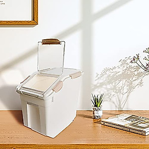 Qiveno Airtight Flour Storage Container 25 lb Rice Storage Container with Wheels Seal Locking Lid, Food Containers with Measuring Cup& Scoop for Flour, Rice, Grain(Pink)