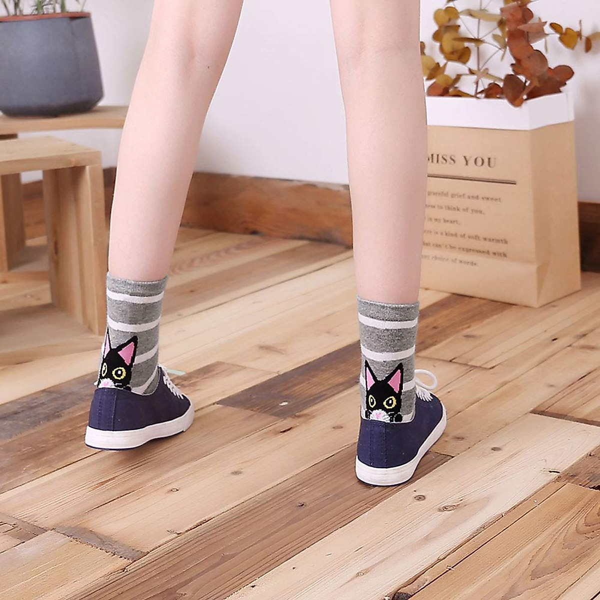 ZAKASA Womens Funny Toe Sock Cotton Five Finger Running Ankle Novelty Socks (Animal cat, US shoe 6-9)