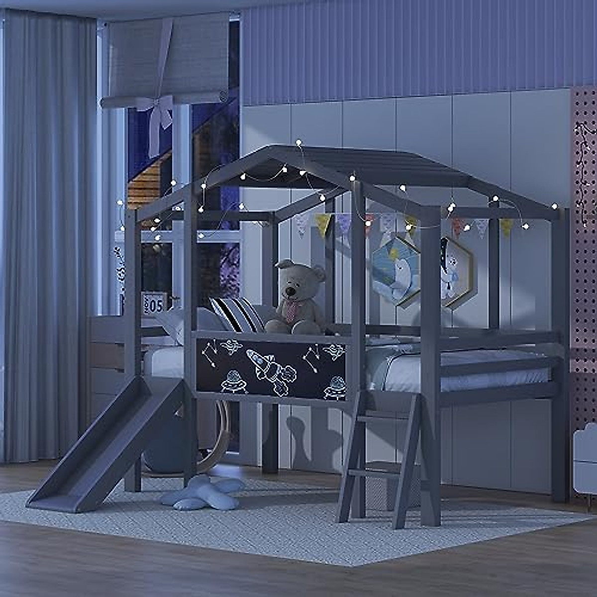 Bellemave Twin Size Low Loft Bed with Slide and Ladder, Wood Playhouse Twin Bed with Blackboard and Light Strip on The Roof, Twin House Bed for Kids, Boys, Girls, No Box Spring Needed, Gray