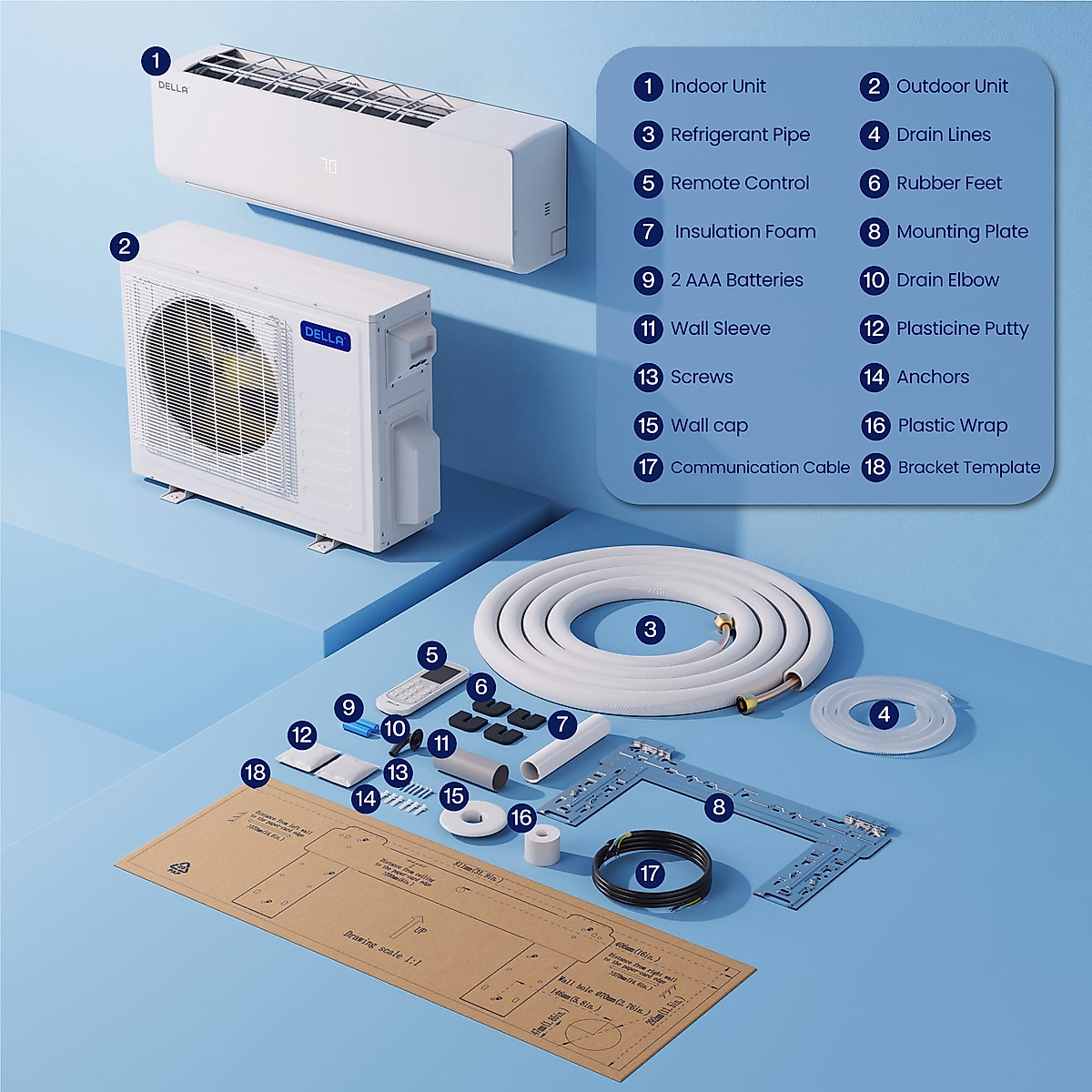 DELLA 36K BTU ODU 2 Dual Zone 24000 24000 BTU 19 SEER2 208-230V Cools Up to 3000 Sq.Ft Wifi Multi Zone Ductless Pre-Charged Mini Split AC & Heat Pump Work with Alexa,16ft Installation Kits Included